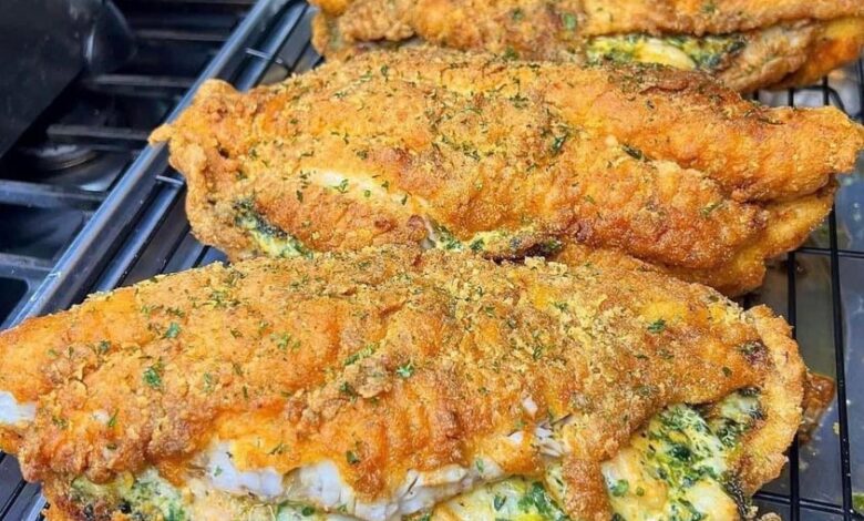 Stuffed Catfish with cheese, spinach and shrimp - Dieter24